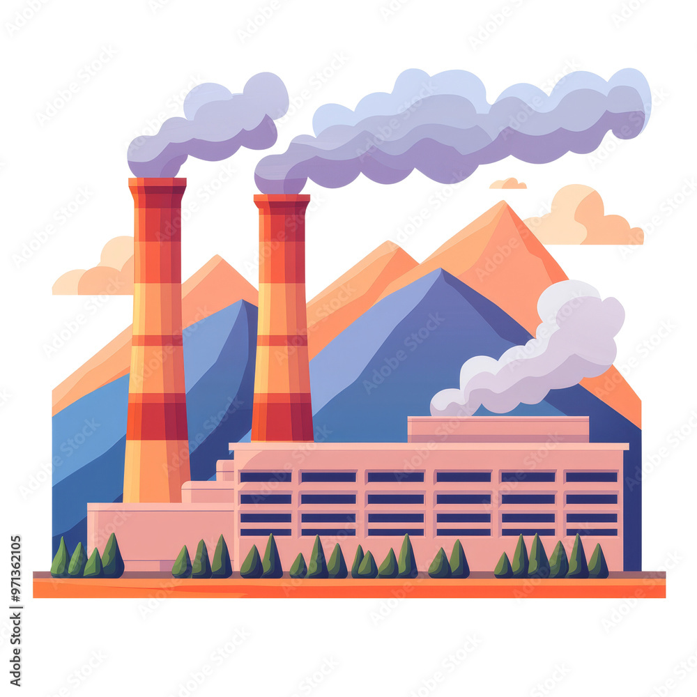 A large industrial factory with tall smokestacks spewing smoke, set ...