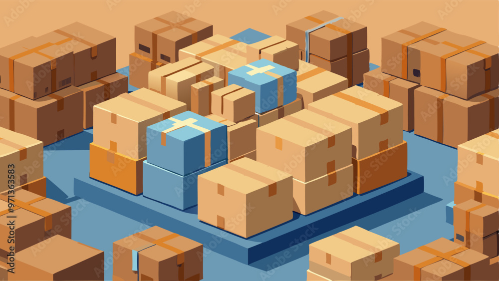 Cardboard boxes in piles for delivery and storage of goods. 3d render ...