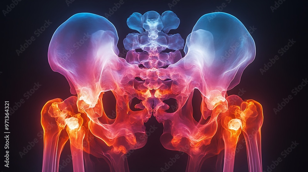 3. The pelvis bones in a bright white against a deep black background ...
