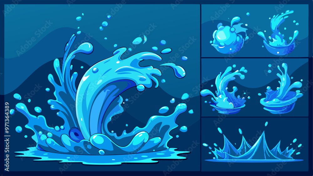 Vector de Stock Water splash vfx animation sprite sheet. Stages of aqua ...