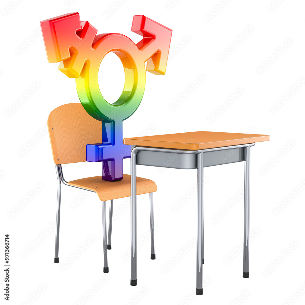 Transgender symbol at a school desk, 3D rendering isolated on ...