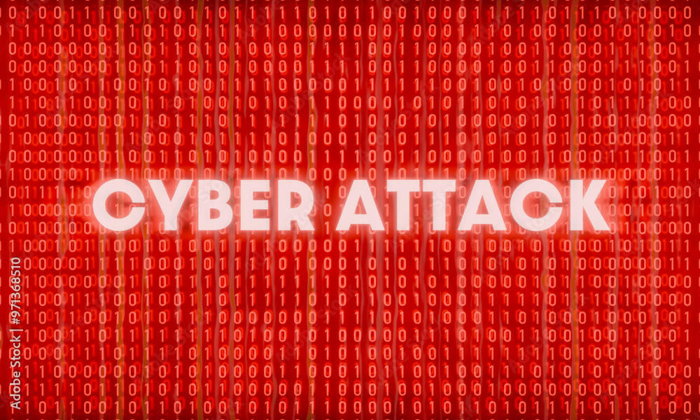 Cyber Attack, white illuminated text, binary code, lines and stripes on ...