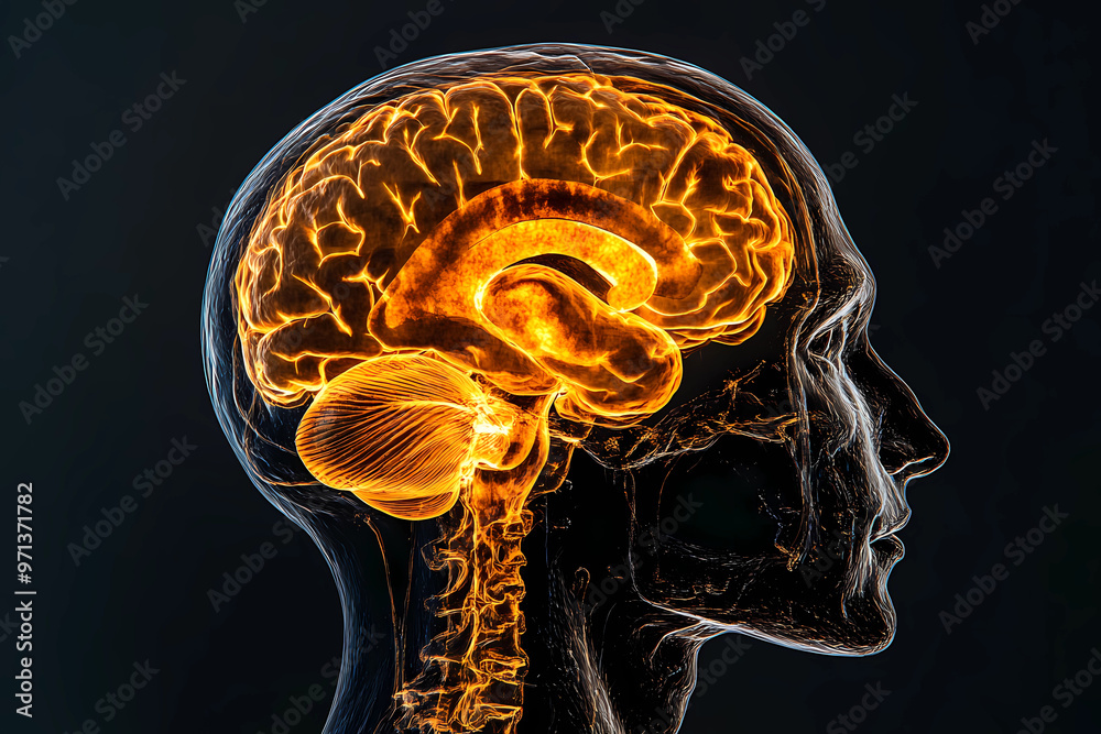 PET scan brain, sagittal cut, highlighted temporal lobe, warm colors ...