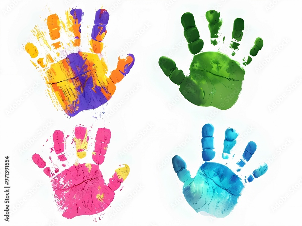Colorful handprint art on white background, vibrant handprints in ...