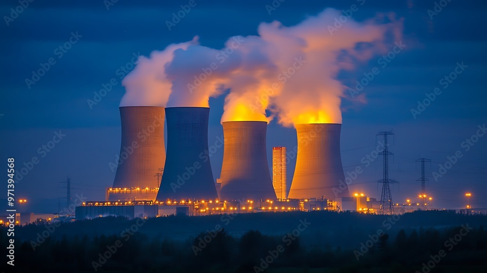 Evening view of a nuclear power plant, with cooling towers illuminated ...