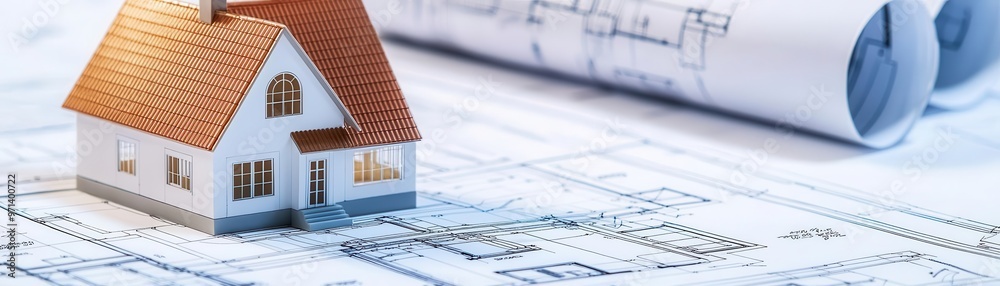 House blueprints on site, architectural plans spread out on a ...