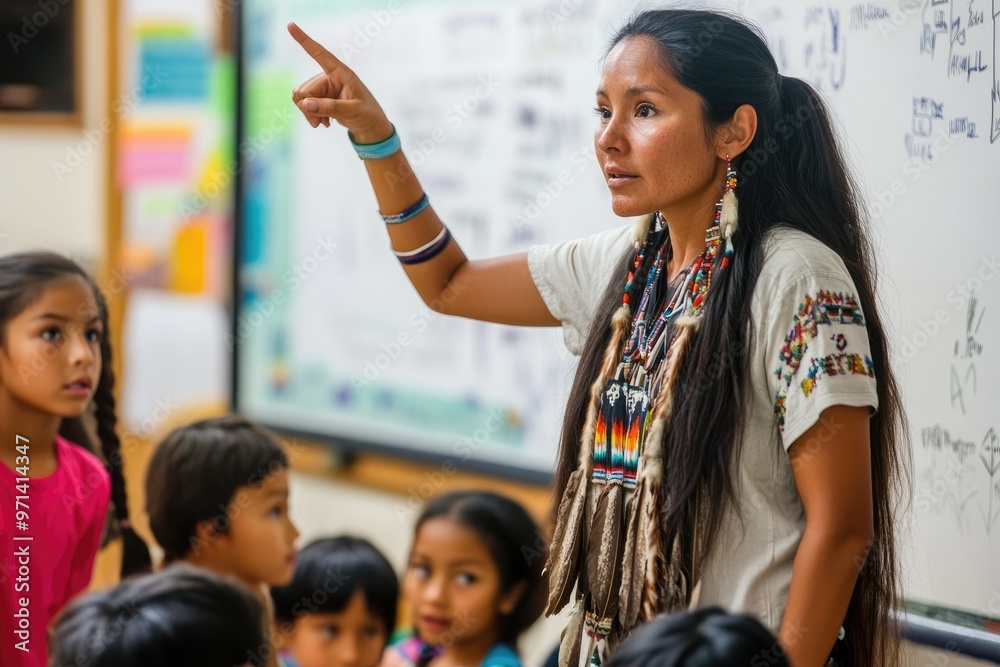 classroom with kids studying, female teacher teaching them language ...