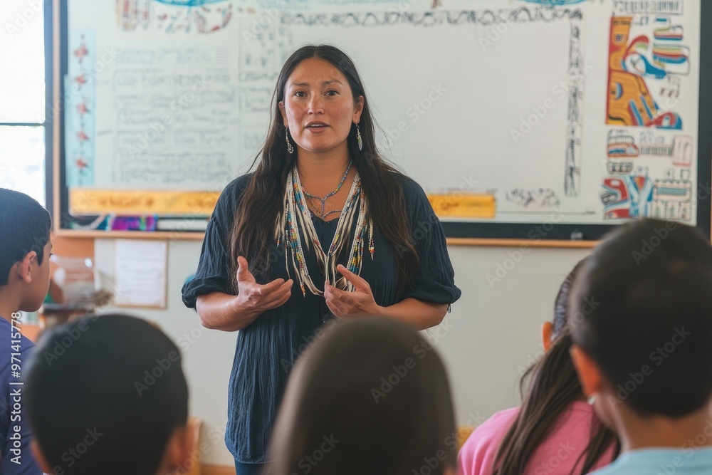 female teacher teaching children their language in classroom . Native ...