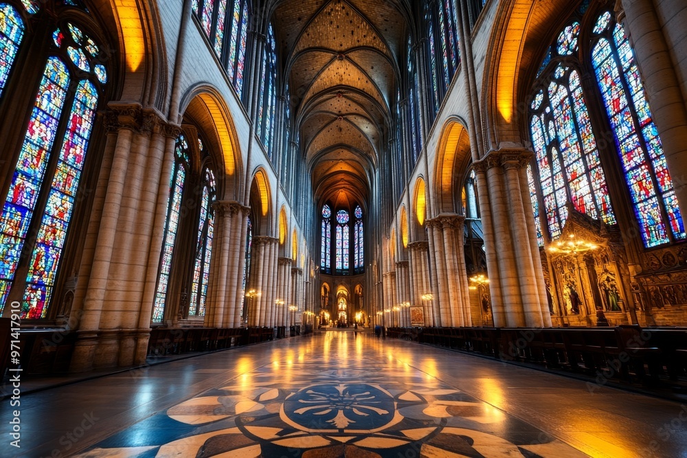 A Gothic cathedral interior, with soaring arches and stained glass ...