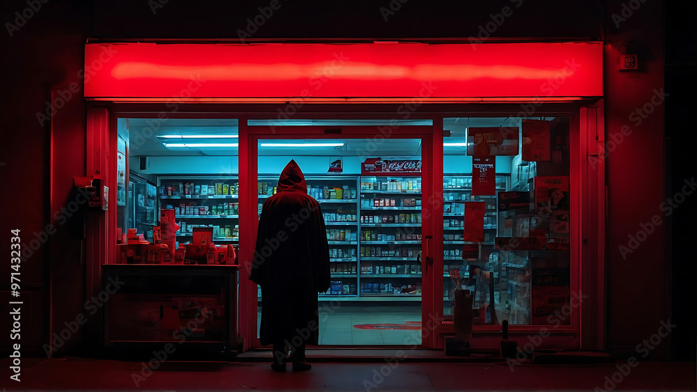 Ilustración de Stock Hooded Figure Exiting Convenience Store at Night ...