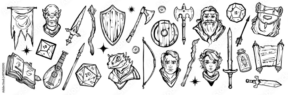 Fantasy RPG game icon, vector hand drawn dungeon dragon character face ...