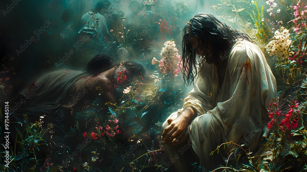 Jesus kneeling in anguish, his hands gripping the earth as if in ...