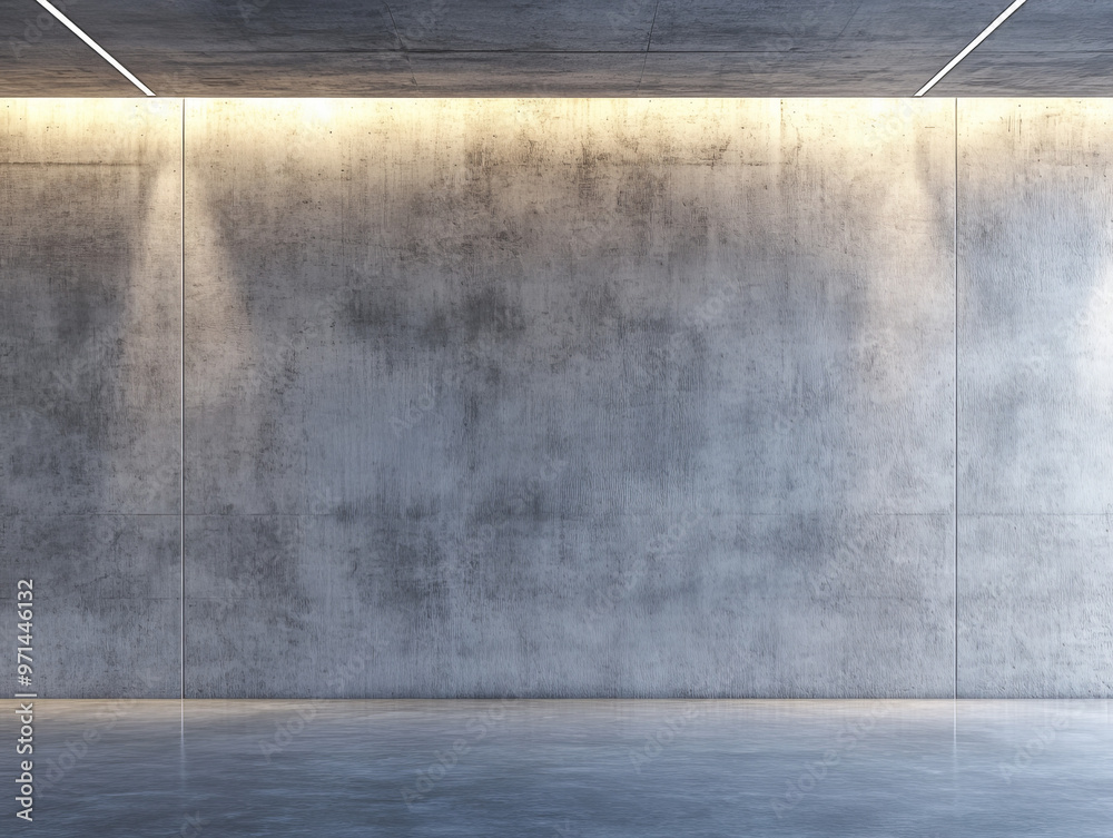Modern concrete wall with soft overhead lighting and polished ...
