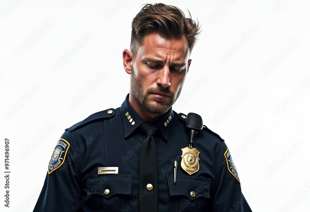 Sad Police Officer Looking Down Uniform Badge Law Enforcement Cop Blue ...