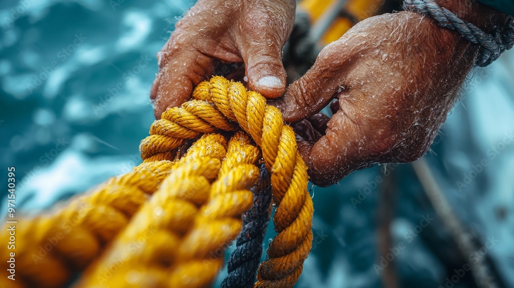 Detail of hands cleating off superyacht mooring lines on the foredeck ...