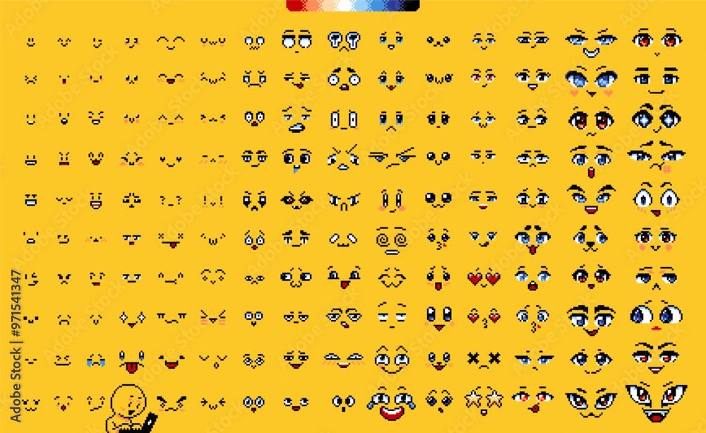Pixel art faces. Retro 8-bit faces, kawaii emotions, uwu face and ...