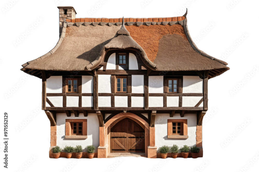 Medieval house, full body view, centered isolation against a pristine ...