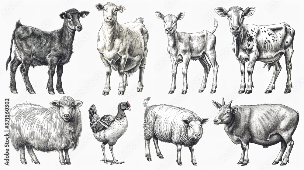 Animals meet types ink illustrations set, hand drawn illustrations of ...