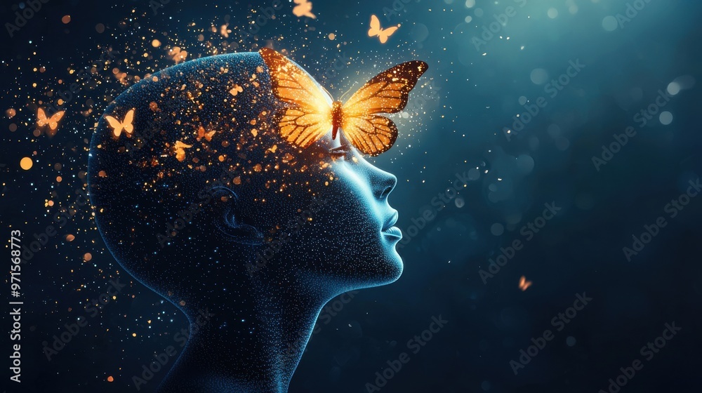 Metamorphosis of Mind: A figure of a human head that starts as a rigid ...