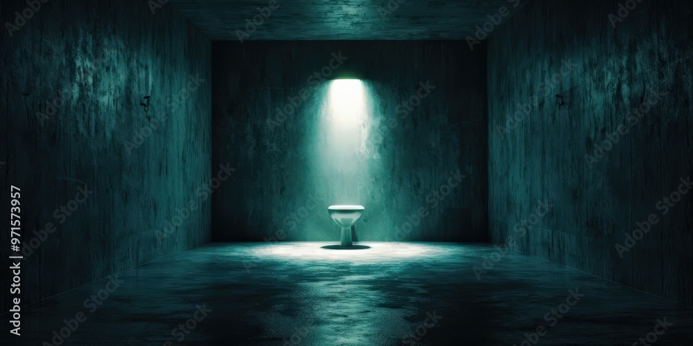 Empty solitary confinement cell, dim light seeping through a small ...