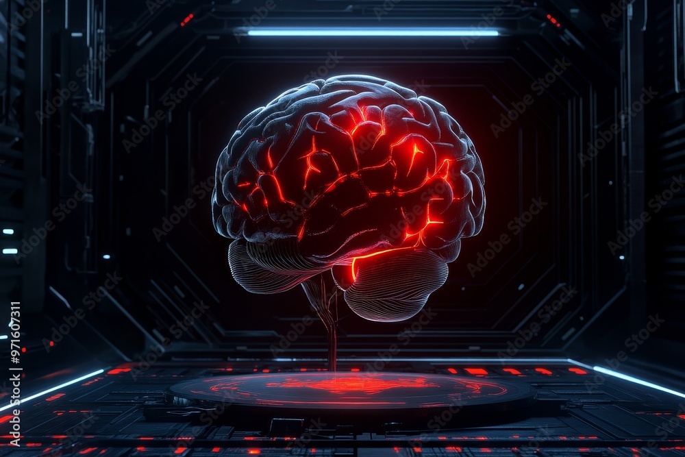 A glowing red digital brain in a futuristic laboratory setting ...