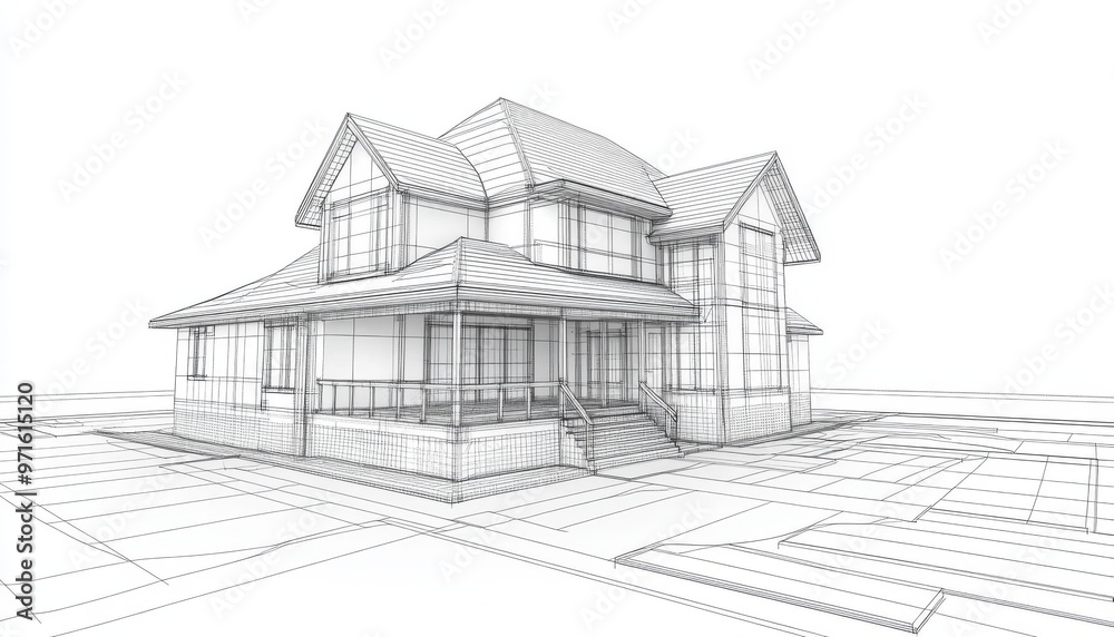 Outline of a Two-Story Residential Building With a Porch and Driveway ...