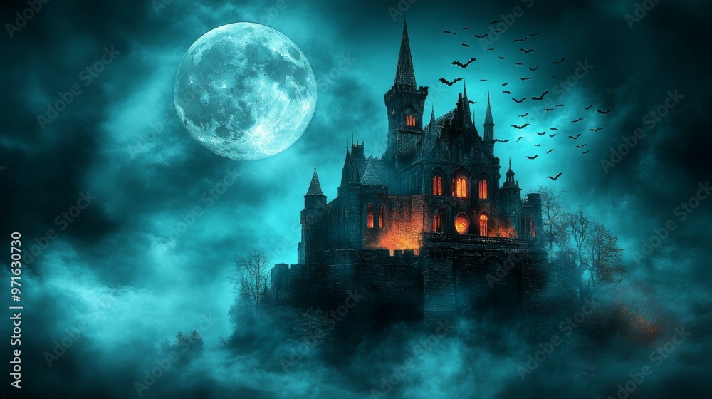 Spooky old medieval castle: Ancient eerie castle on mountain, swarm of ...