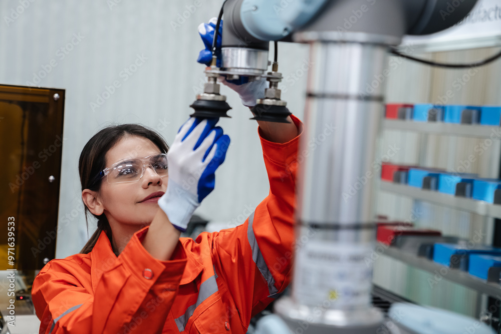 Student engineer assembles a robotic arm in a technology workshop ...