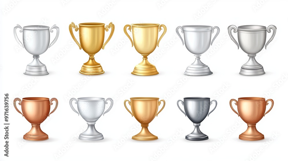 Collection of champion cups including golden silver and bronze bowls in ...