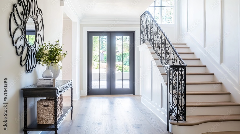 Entry foyer hallway and staircase with wrought iron railings leading ...