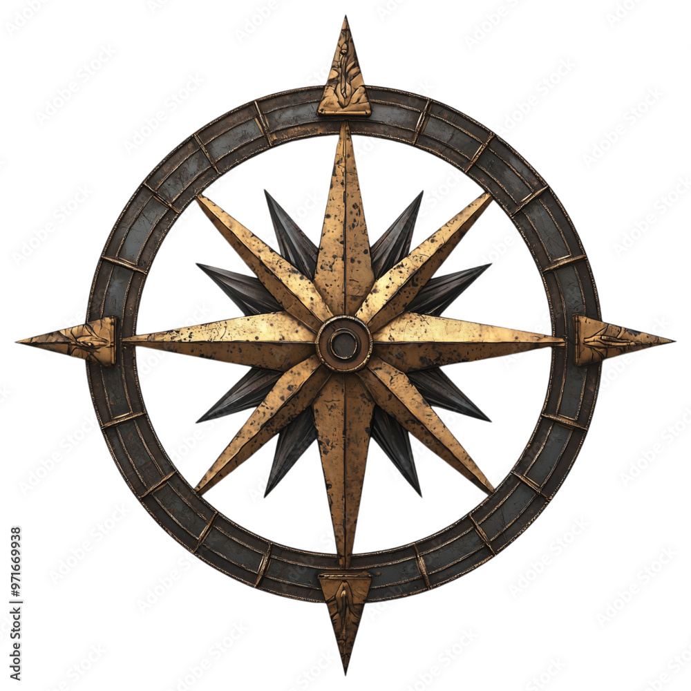 Vintage brass compass rose isolated on transparent background ...