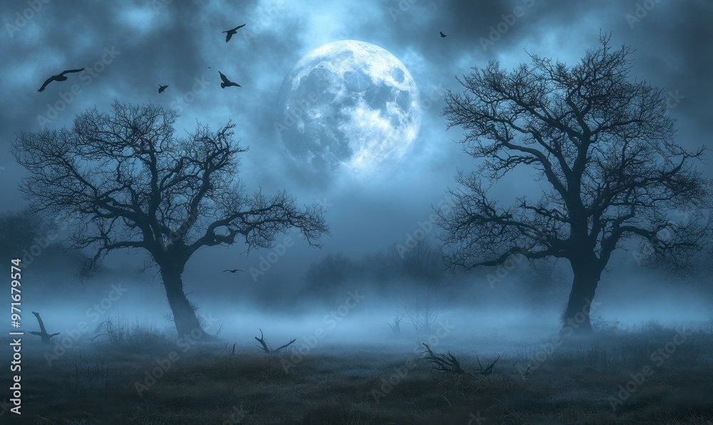 A foggy field with dead trees, birds flying in the sky, a large full ...