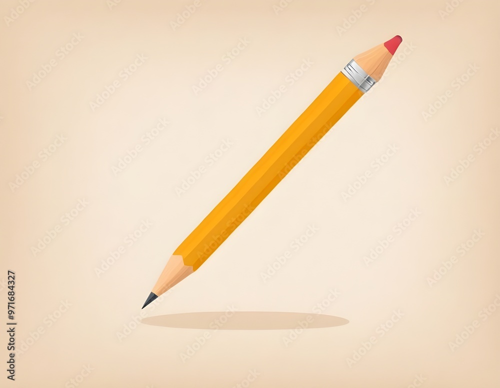A pencil laid flat on a beige background with a sharp point and eraser ...