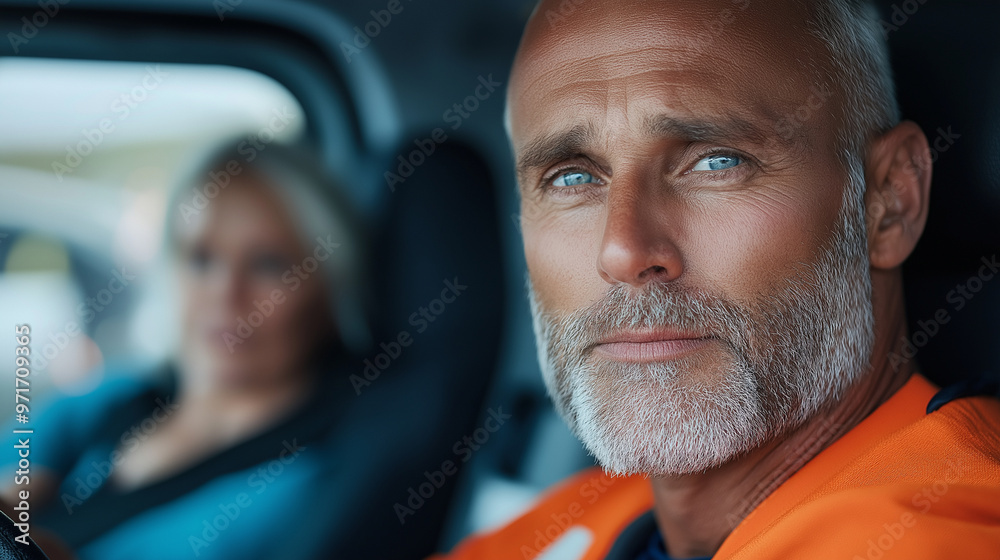 An ambulance driver sitting behind the wheel, talking with a paramedic ...