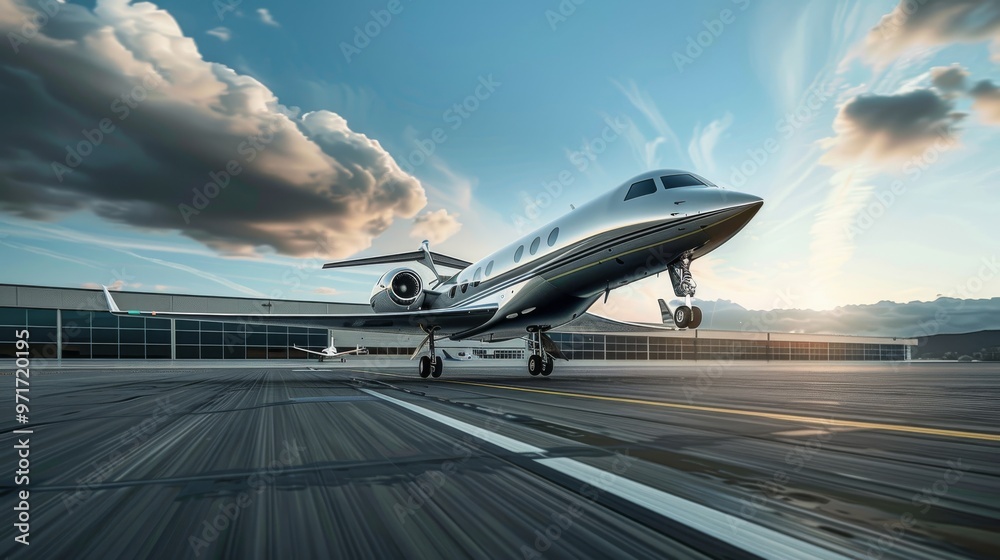 business jet taking off from a private airport, with the runway and ...
