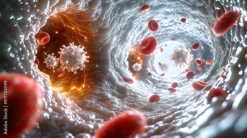 red and white blood cells flowing through a blood vessel. This medical ...
