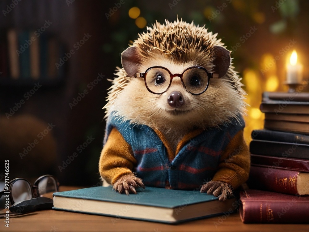 Smart and Nerdy hedgehog wearing round glasses, sitting next to a stack of books in a cozy ...