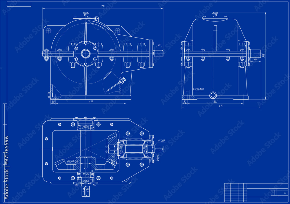Assembly drawing of reducer. Vector drawing of steel mechanical device ...