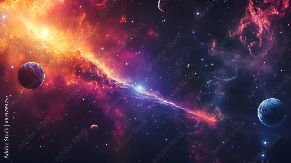 Solar System with Nebula: The solar system viewed against a colorful ...