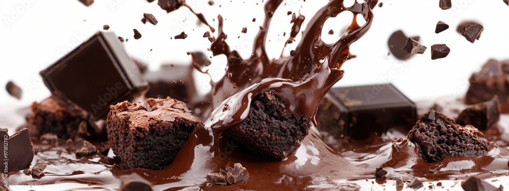 Background chocolate cocoa powder black splash brown food explosion fly. Chocolate isolated ...