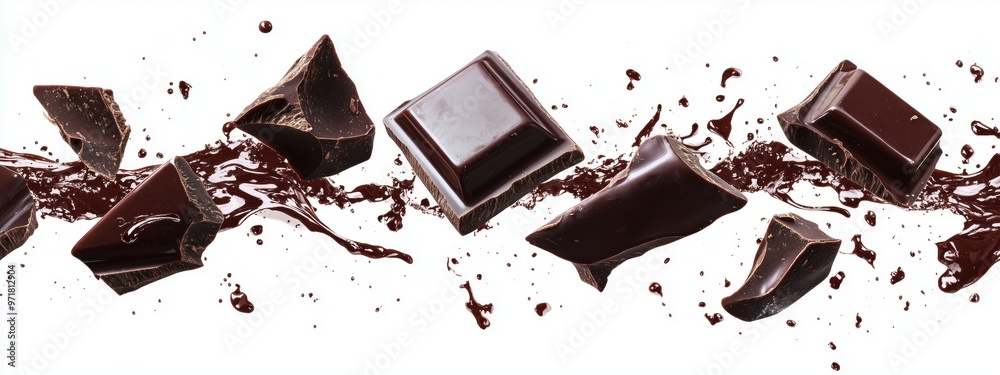 Background chocolate cocoa powder black splash brown food explosion fly. Chocolate isolated ...