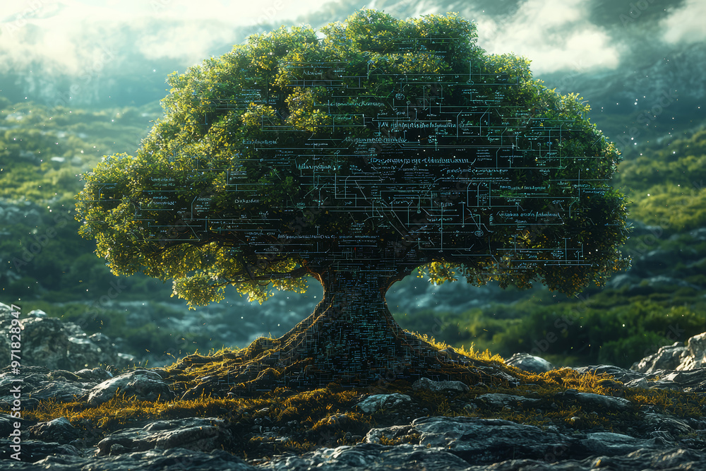 A whimsical tree with branches made of flowing equations and theories ...