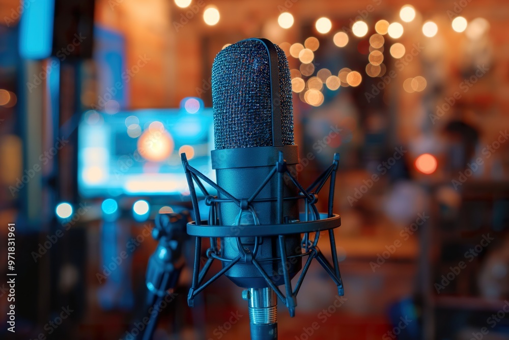 High-quality recording studio microphone with a blurred computer setup ...