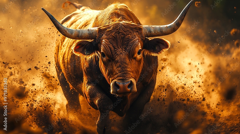 powerful bull charge with tense muscles at sunset dynamic action shot ...