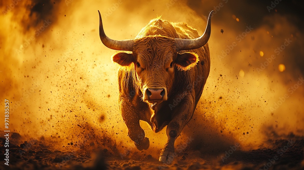Powerful bull charging through dusty arena muscle tense horn sharp kick ...