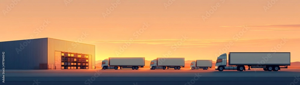 Flat illustration of a fleet of trucks leaving a distribution center at ...