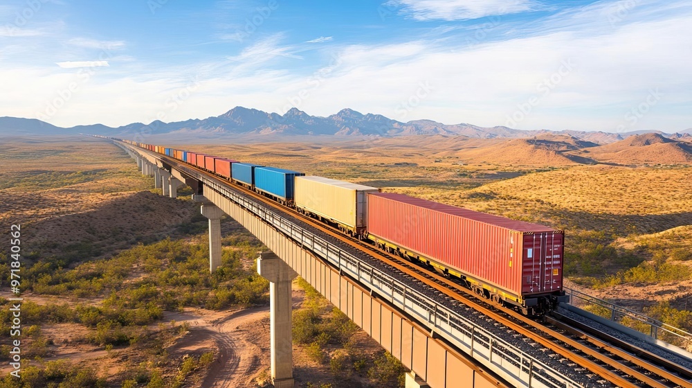 Freight train on a bridge crossing a vast landscape, with mountains in ...