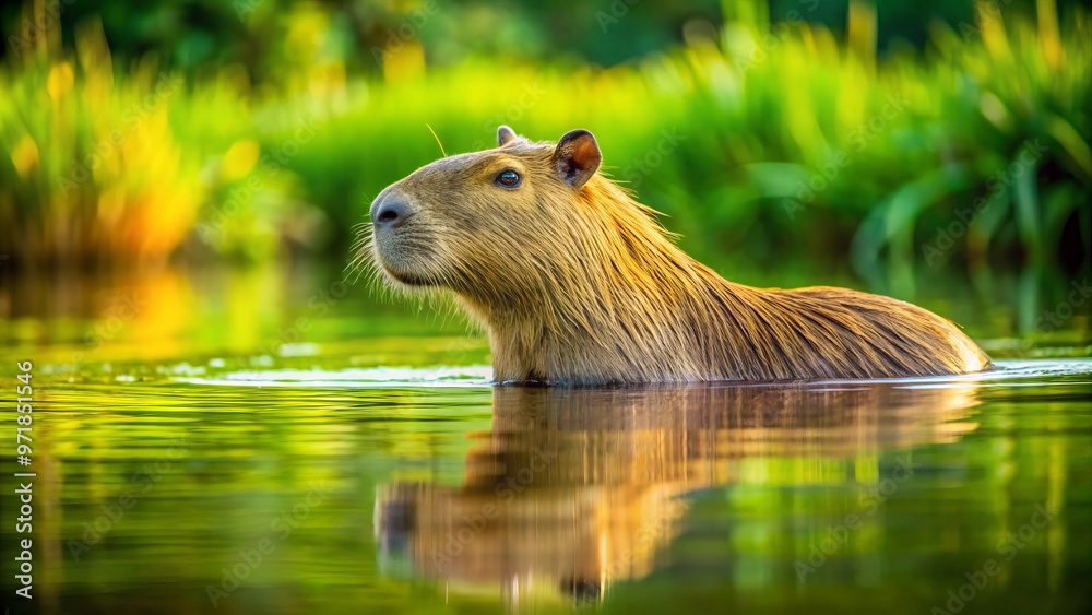 A capybara, also known as chiguire, swimming in a river, its large ...