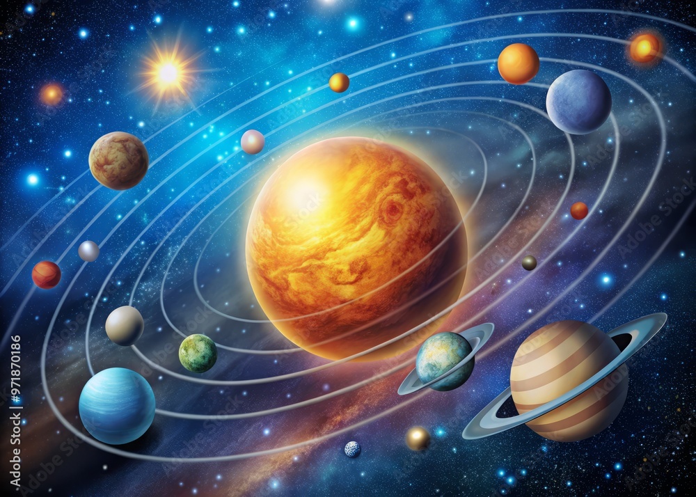 Celestial bodies orbit around a central star in elliptical paths ...