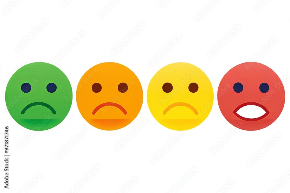 Colorful cartoon faces with varying emotions display a 5-point rating ...